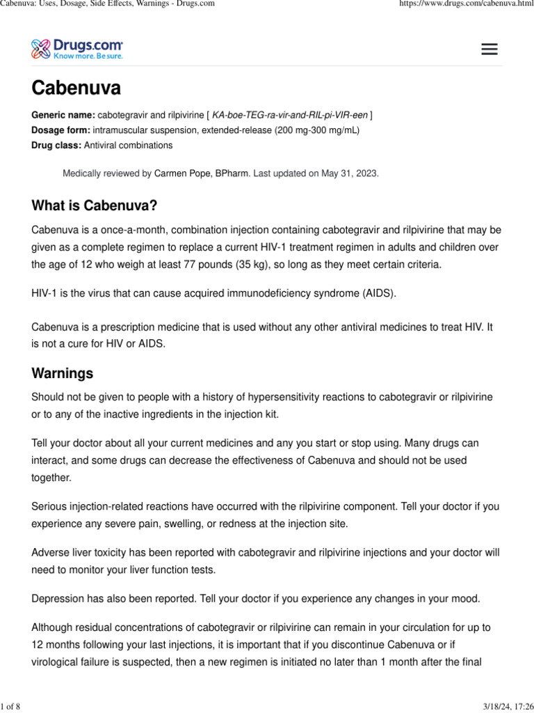 Cabenuva Uses, Dosage, Side Effects, Warnings | PDF | Hiv/Aids ...