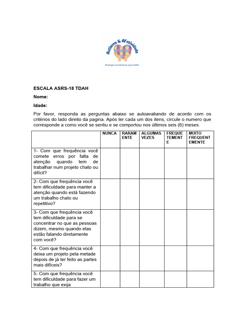 5 Escala Asrs | Download grátis PDF | Transtorno de déficit de atenção ...