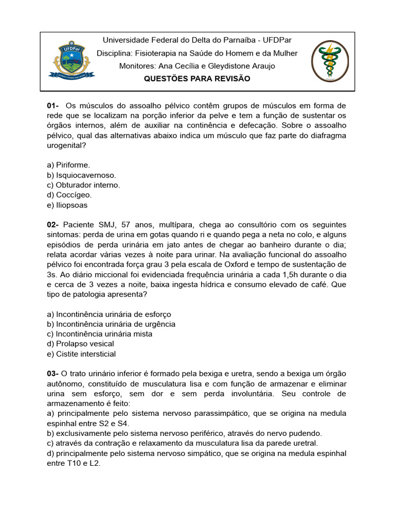Questões de Revisão FSHM | PDF | Micção | Pélvis