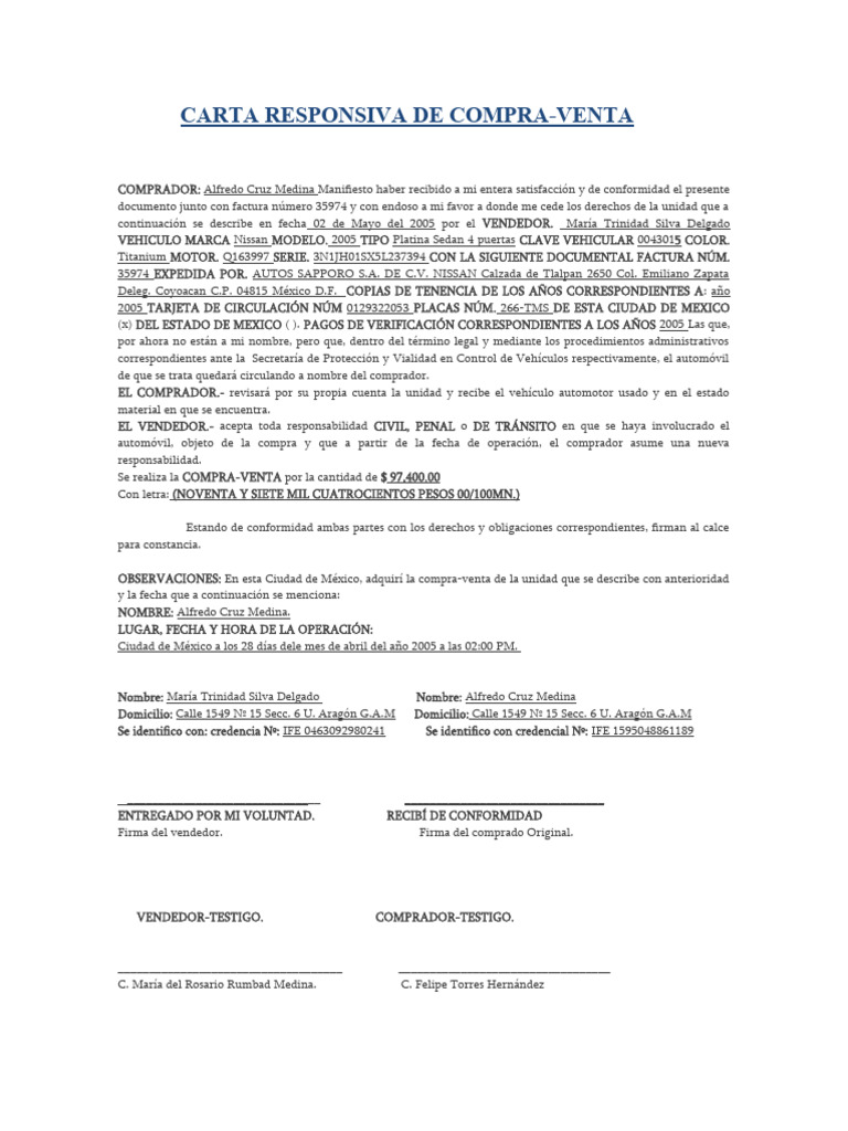Carta Responsiva de Compra-Venta. | PDF | Transporte | Vehículo de motor