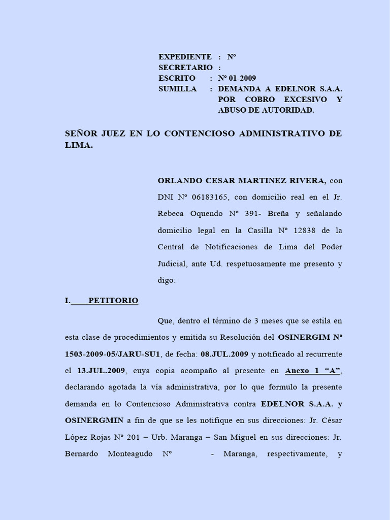 Demanda A Edelnor Por - Martinez | PDF | Gobierno | Justicia
