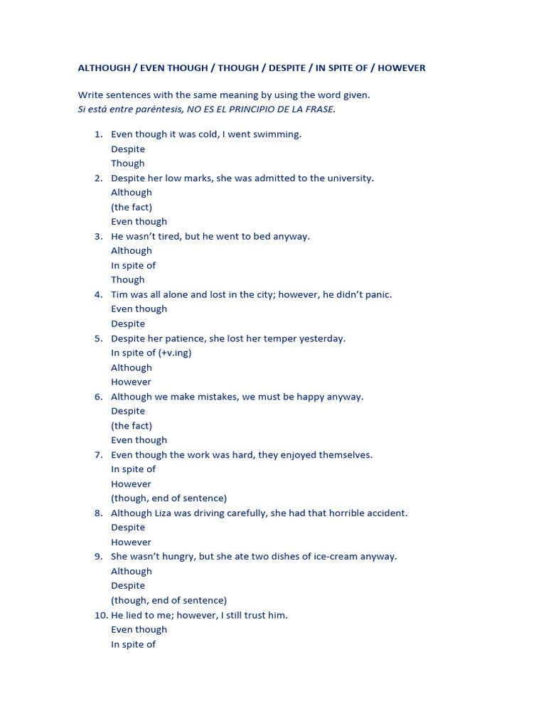 (REPHRASING) Although, in Spite Of, Despite, Even Though, However | PDF | Language Arts & Discipline