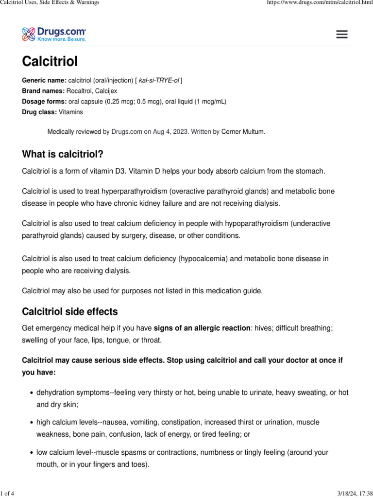 Calcitriol Uses, Side Effects & Warnings | PDF | Dose (Biochemistry ...