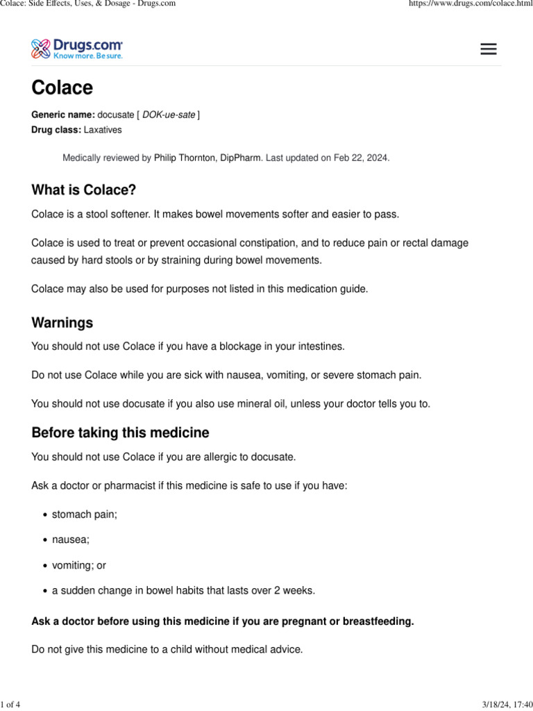 Colace Side Effects, Uses, & Dosage | Download Free PDF | Dose ...