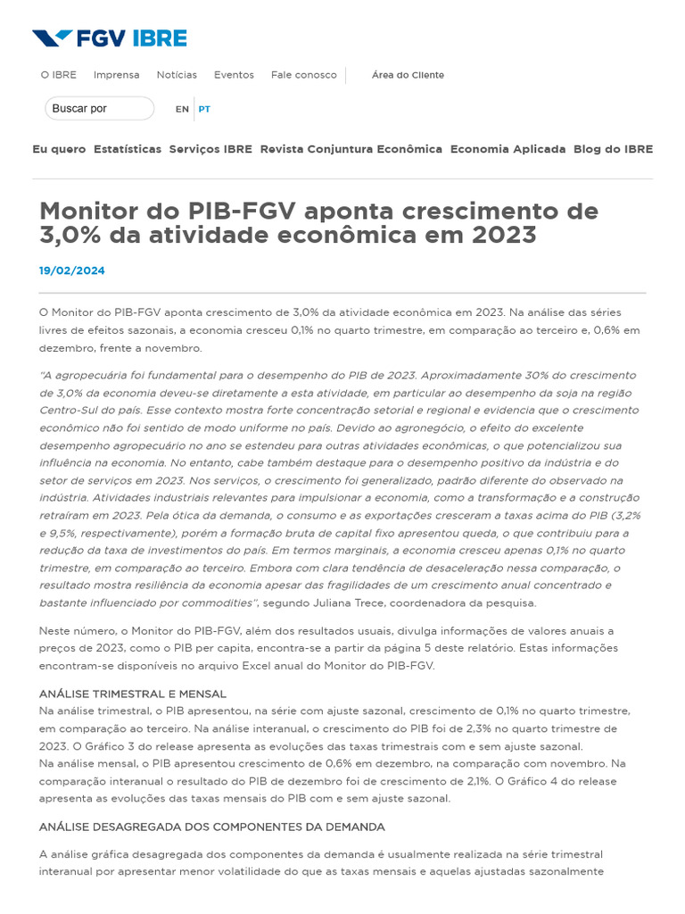 Monitor Do PIB-FGV Aponta Crescimento de 3,0% Da Atividade Econômica em ...