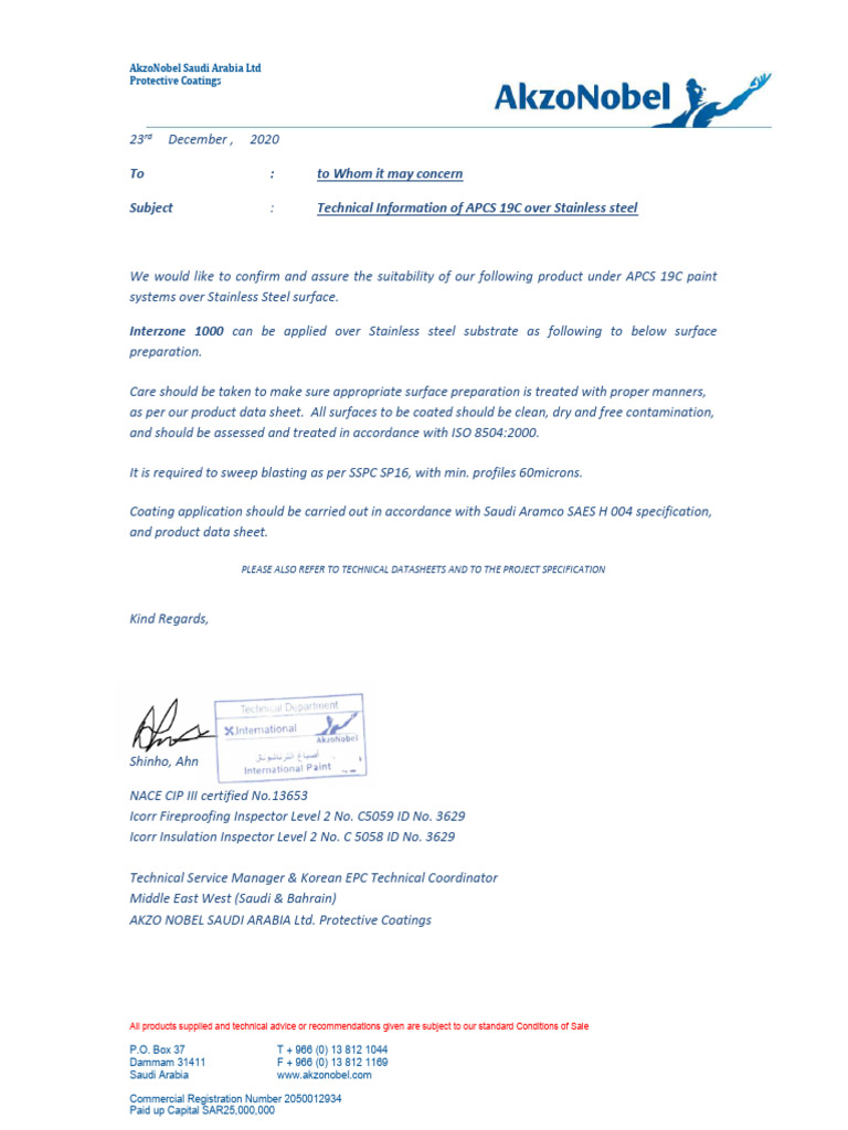 AkzoNobel Letter Dated Dec 23, 2020 For Application of APCS-19C ...