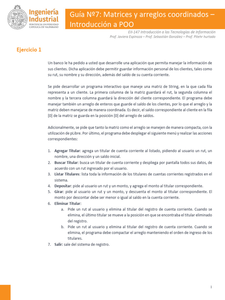 Guia 07-Matrices y Arreglos Coordinados y POO | PDF | Matriz (Matemáticas) | Constructor ...