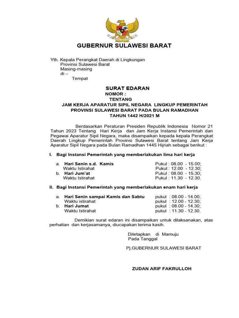 SURAT EDARAN JAM KERJA RAMADHAN | PDF