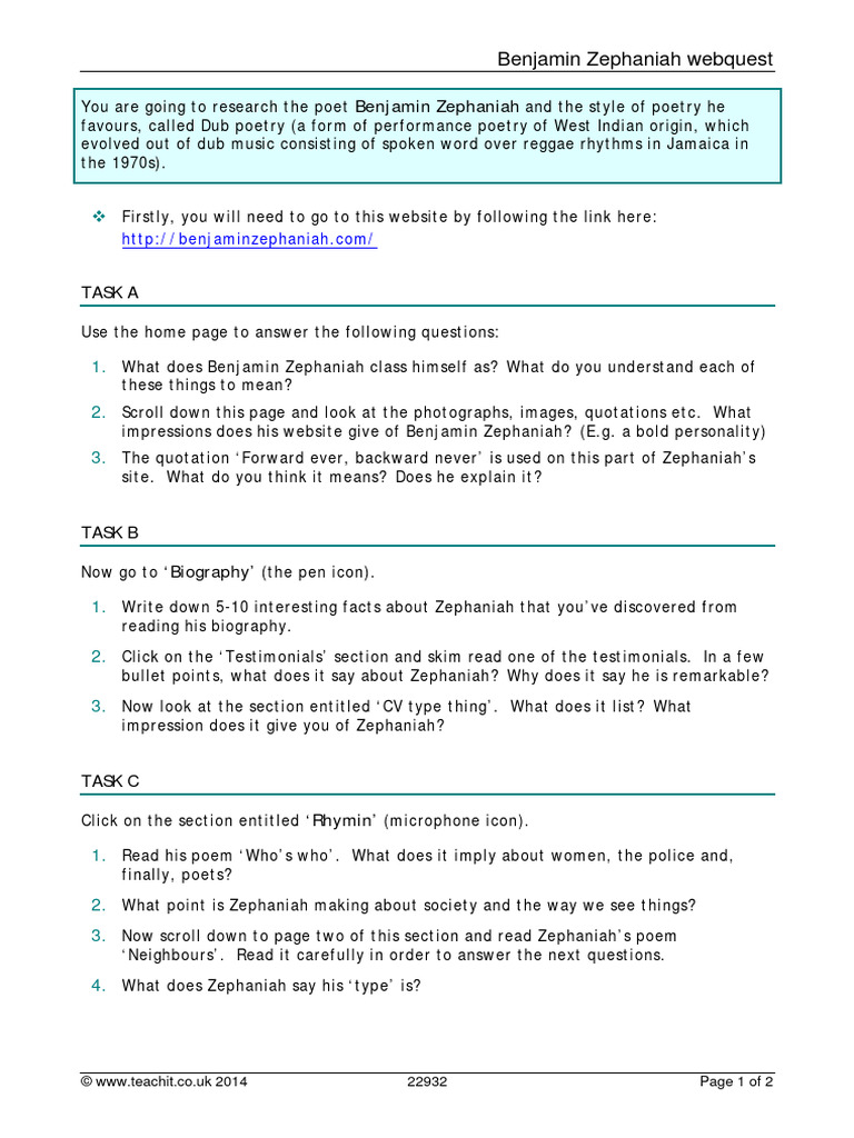 Benjamin Zephaniah - Worksheet | PDF | Poetry