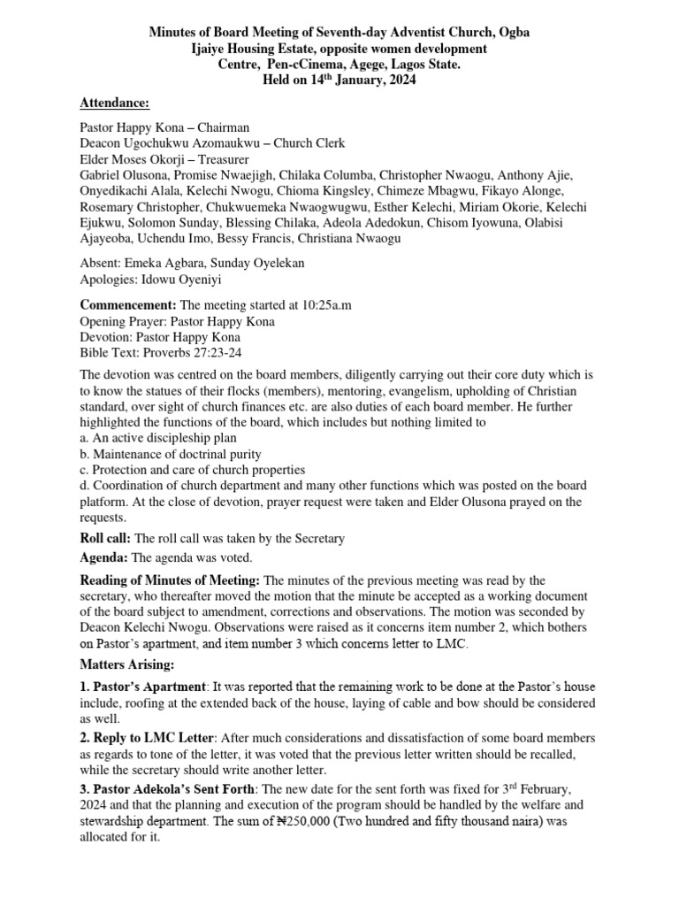 Minutes of Board Meeting of Seventh-Day Adventist Ogba Held On The 14th ...