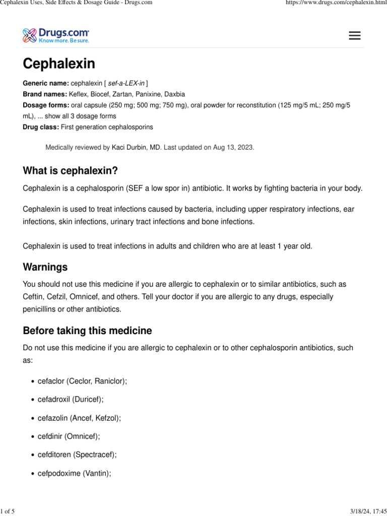 Cephalexin Uses, Side Effects & Dosage Guide | PDF | Diseases And ...