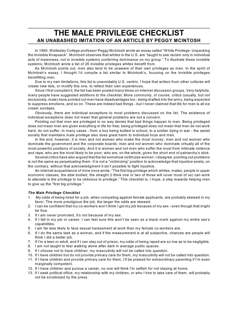 US - Male Privilege Checklist | Woman | Feminism