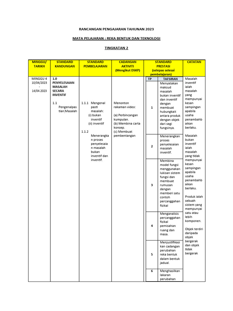Ting 2 Rancangan Pengajaran Tahunan 2023 RBT | PDF