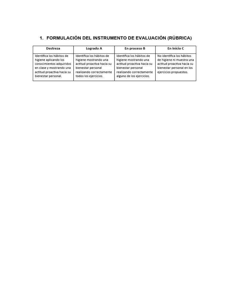 Rubrica de Evaluacion Habitos de Higiene 2024 | PDF Rubrica de Evaluacion Habitos de Higiene 2024 | PDF