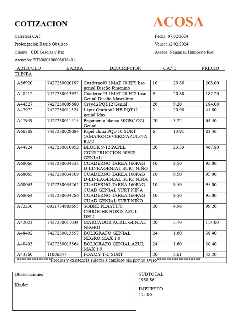 Cotizacion Acosa | PDF
