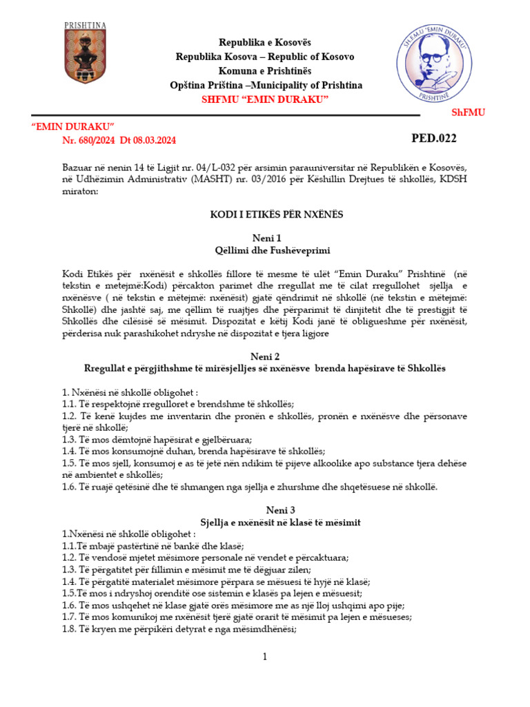 PED Kodi I Etikës Për Nxënës | PDF