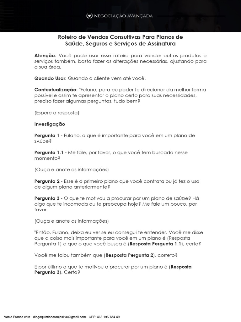 Script #01 - Modelo de Roteiro para Venda de Plano de Saúde, Seguro e ...