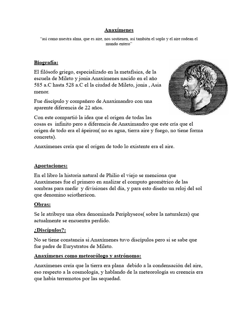 Aportaciones y biografía de Anaxímenes | PDF | Ciencias sociales ...
