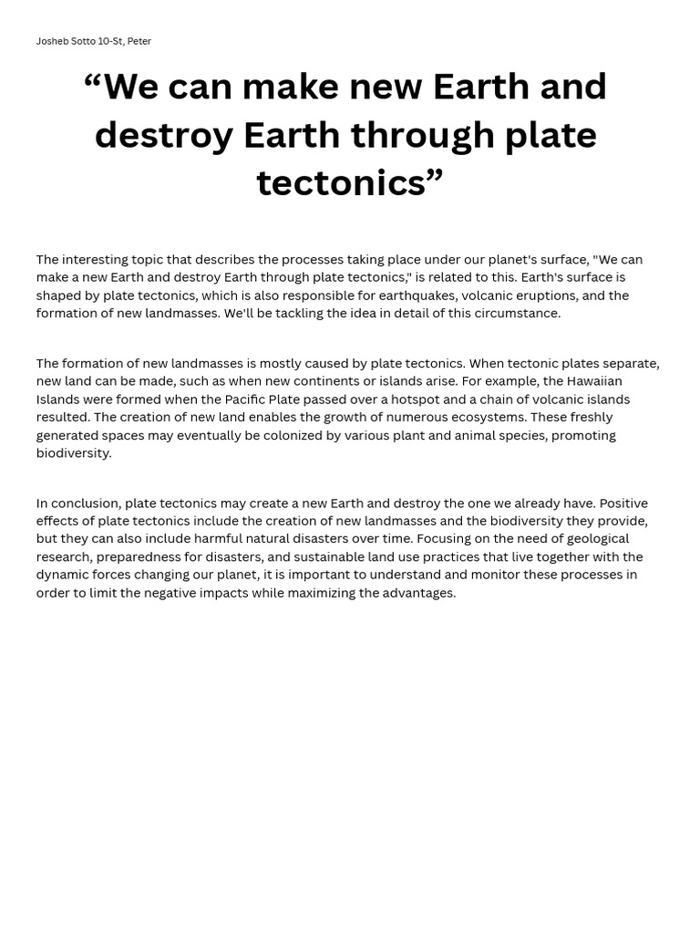 We Can Make New Earth and Destroy Earth Through Plate Tectonics | PDF