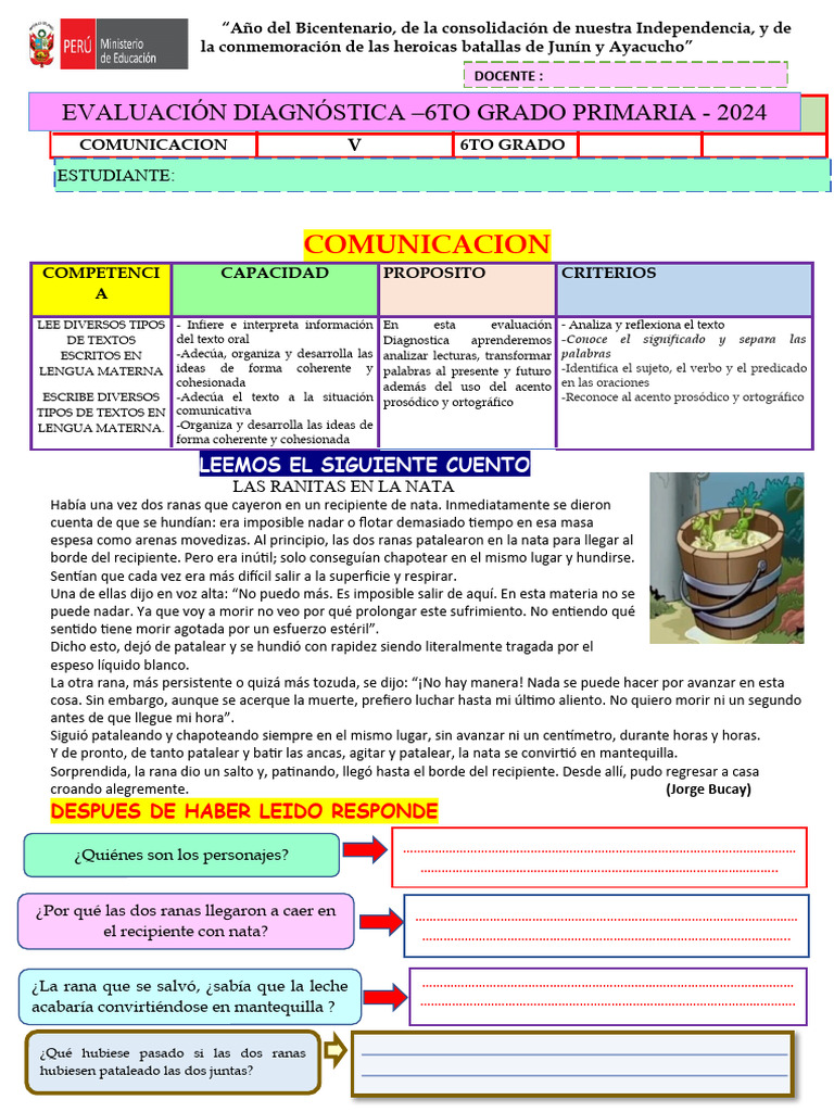 Evaluacion Diagnostica - 6to Grado-Primaria - 2024 | PDF