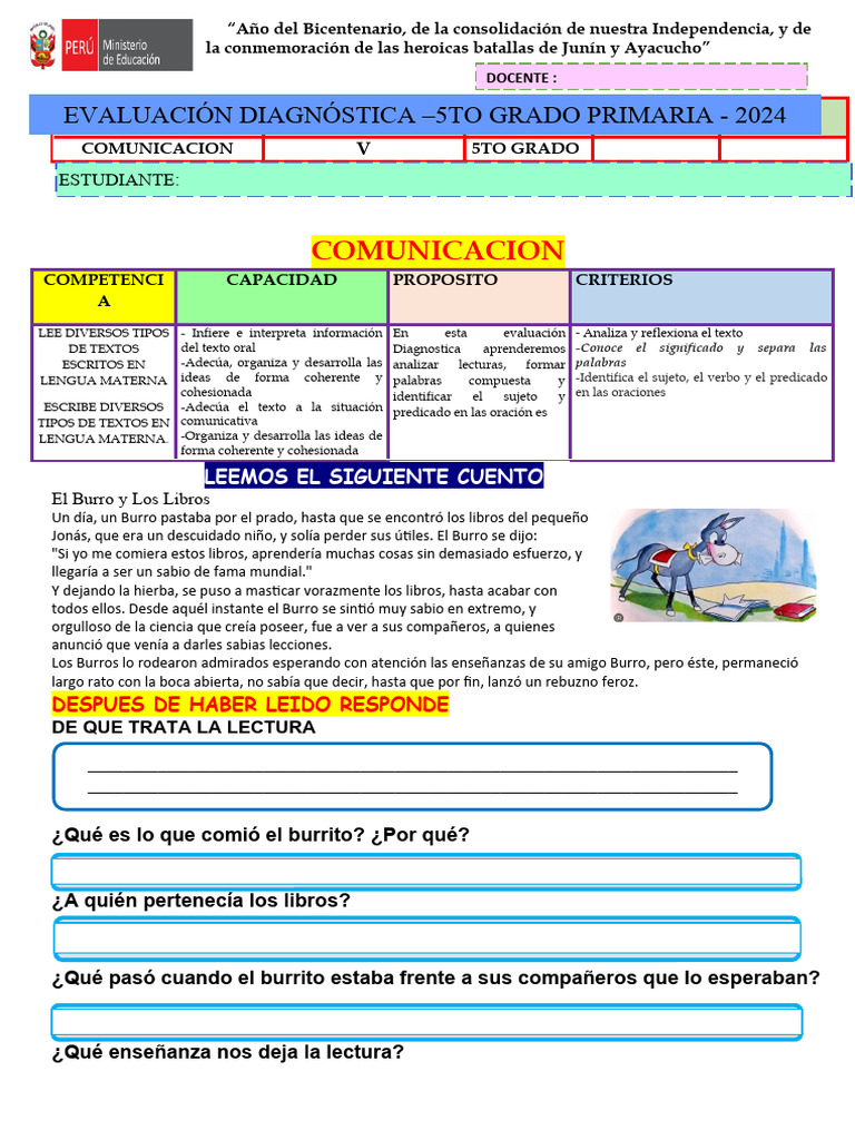 Evaluacion Diagnostica - 5to Grado-Primaria - 2024 | PDF | Evaluación ...