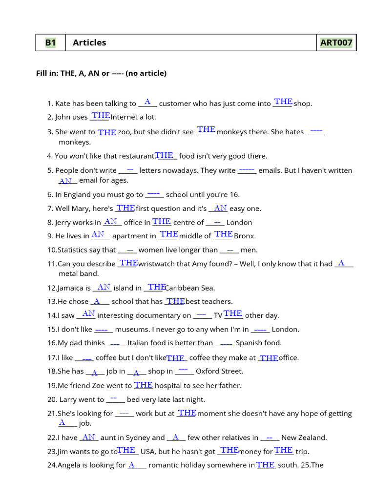 CL Definite and Indefinite Articles - PDF Grammar Worksheet - B1 ...
