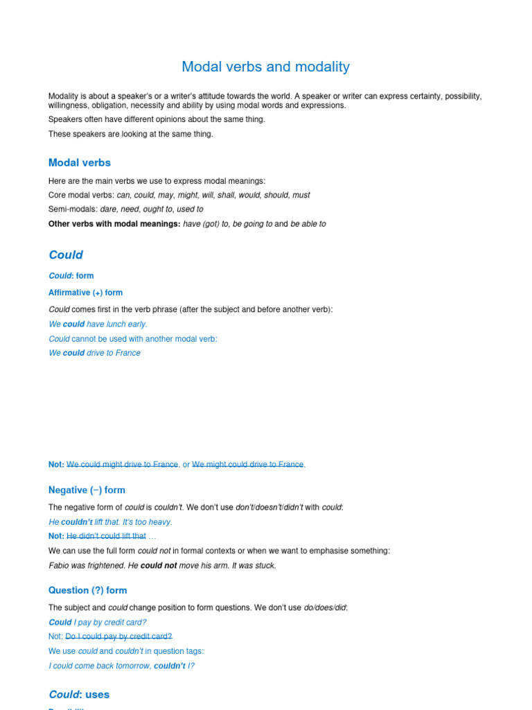 Modal Verbs - Could, Must, May, Might, Shall, Should, Will, Would | PDF ...