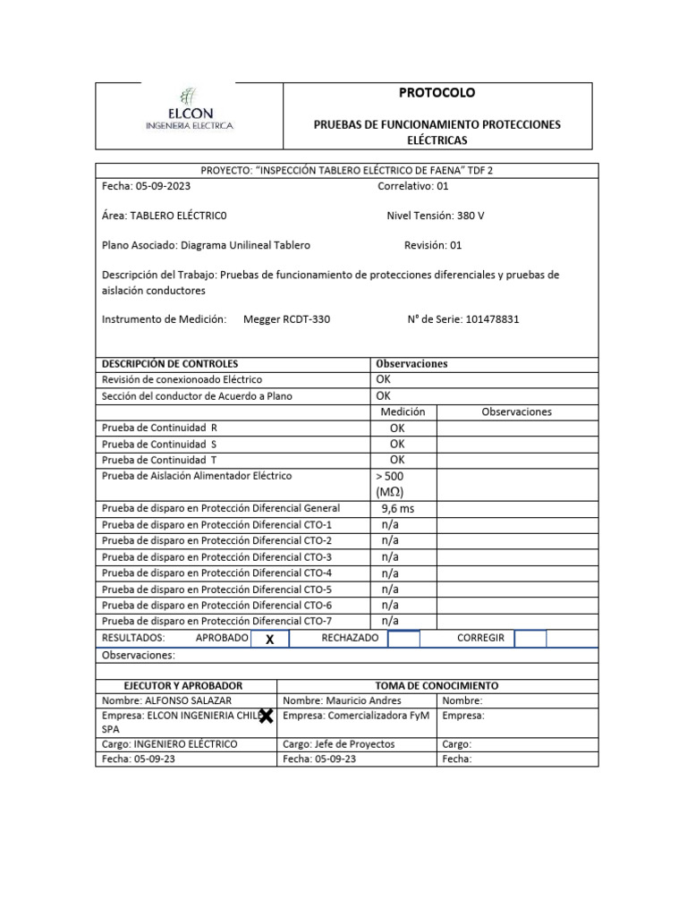 Protocolo Prueba de Aislación y Prueba Diferenciales Tdf-2 | PDF