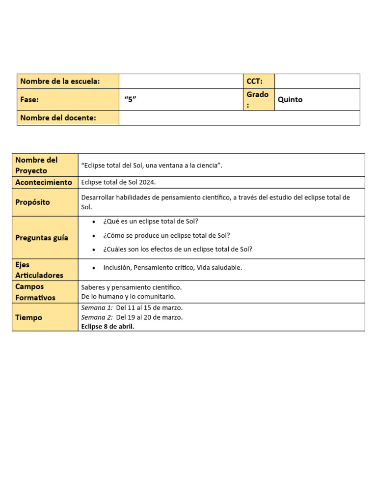 Propuesta Proyecto Eclipse Quinto Grado Primaria | PDF | Evaluación | Dom