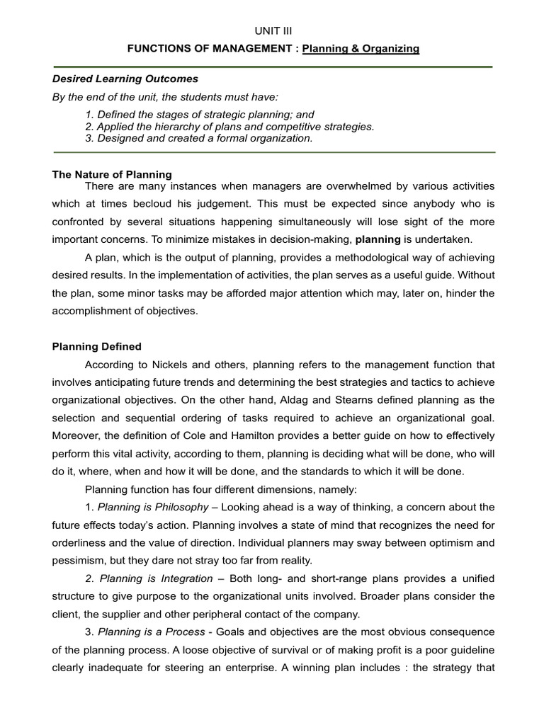 Management Functions: Planning & Organizing | PDF | Strategic Planning ...
