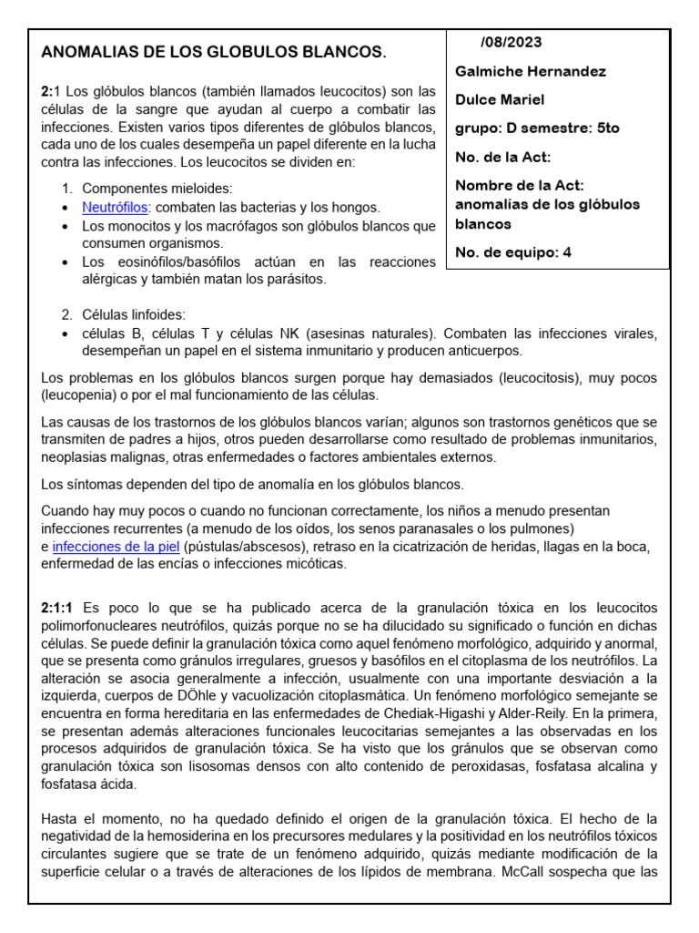 Anomalias de Los Globulos Blancos | Descargar gratis PDF | Leucocito | Biología Celular