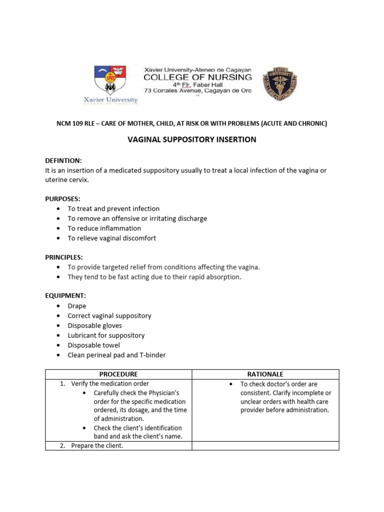 NCM 109 RLE PROCEDURE Vaginal Suppository Insertion | PDF | Vagina ...