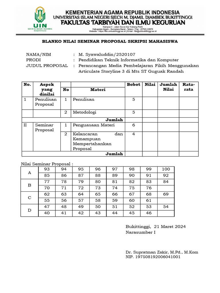 Blanko Nilai Seminar Proposal | PDF