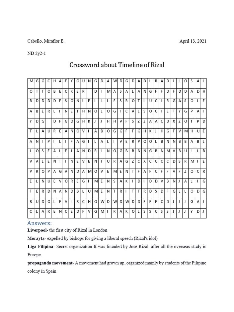Crossword About Timeline of Rizal | PDF | Philippines–Spain Relations ...