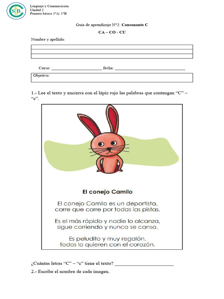 Guía de Aprendizaje 2 - Letra Ca-Co-Cu | PDF