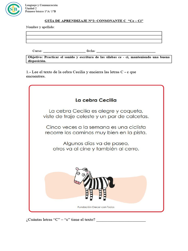 Guía de Aprendizaje 2 - Letra Ce - Ci | PDF