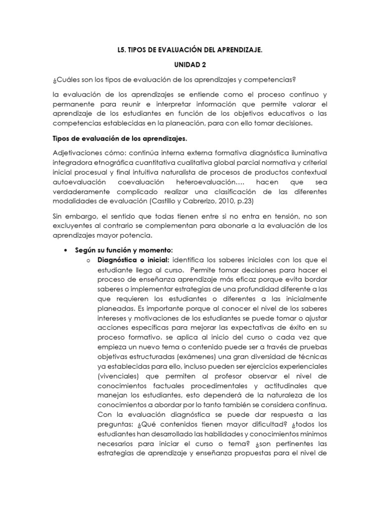 L5. TIPOS DE EVALUACIÓN DEL APRENDIZAJE^ | PDF | Evaluación | Aprendizaje