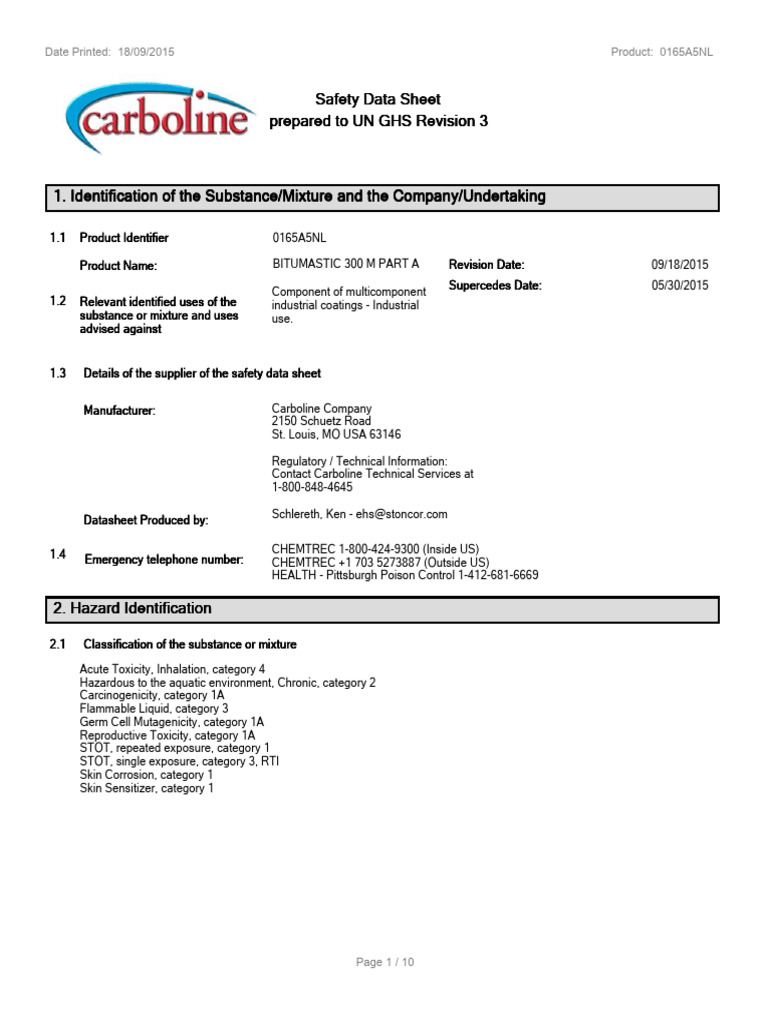 MSDS Bitumastic 300M Part A | PDF | Firefighting | Toxicity