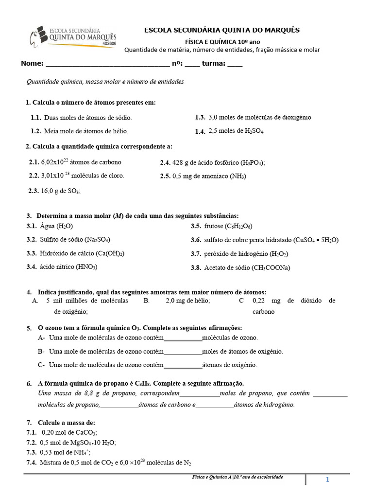 Ficha Exercicios Complementar 2 | PDF | Mol (unidade) | Oxigênio