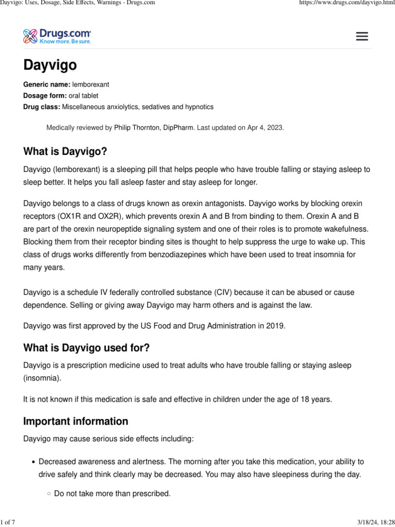 Dayvigo Uses, Dosage, Side Effects, Warnings | Download Free PDF ...