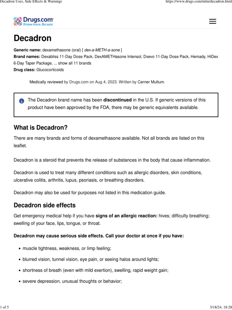 Decadron (Dexamethasone) Overview | PDF | Dose (Biochemistry) | Chemistry