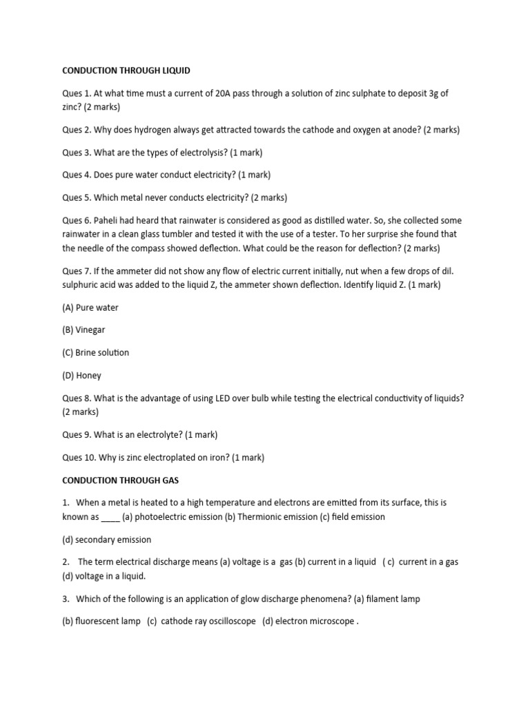 Electrolysis & Gas Conduction Quiz | PDF | Cathode | Electromagnetism