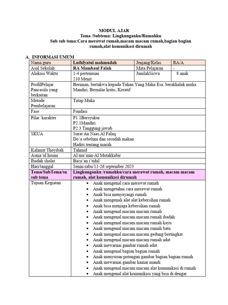 Modul Ajar Tema Lingkunganku Subtema Rumahku | PDF | Kesehatan Holistik