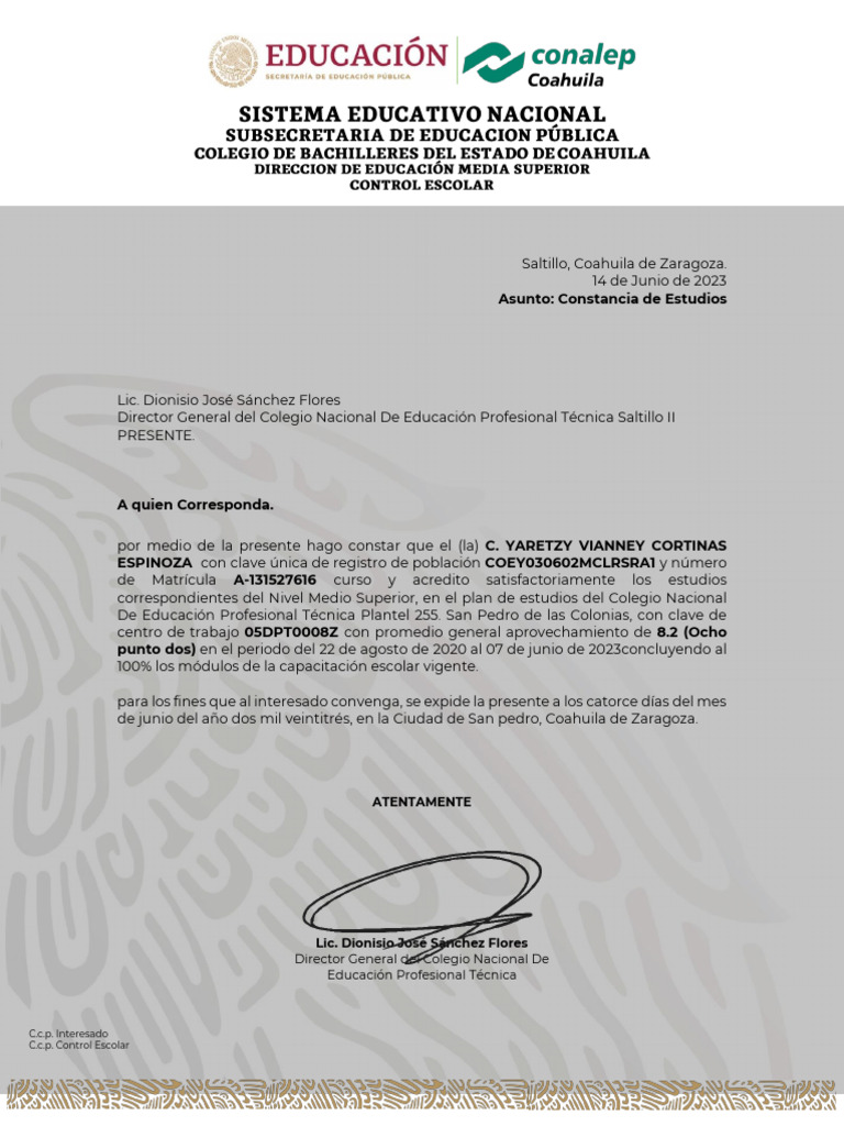 03 CONSTANCIA DE ESTUDIOS CONALEP - YARETZY VIANNEY CORTINAS ESPINOZA | PDF