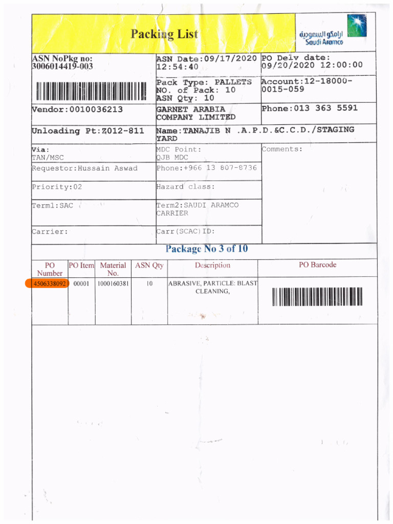 Garnet Packing List - P.O.#4506338092 With Different P.O# On Batch Certificate & MIR | PDF