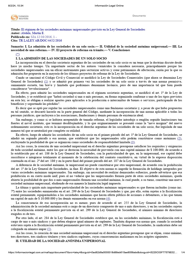 El Régimen de Las Sociedades Anónimas Unipersonales Previsto en La Ley ...