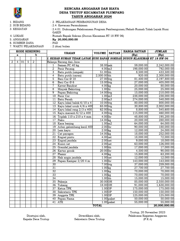 Rehab RTLH Bapak Sokran (Dusun Klaseman RT 18 RW 06) | PDF