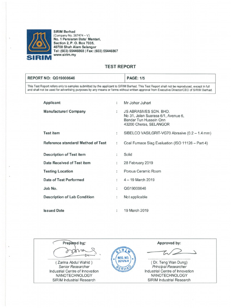 19.02.28 Test Report - QG19000646-JS Abrasives SB-Sibelco Vasilgrit | PDF