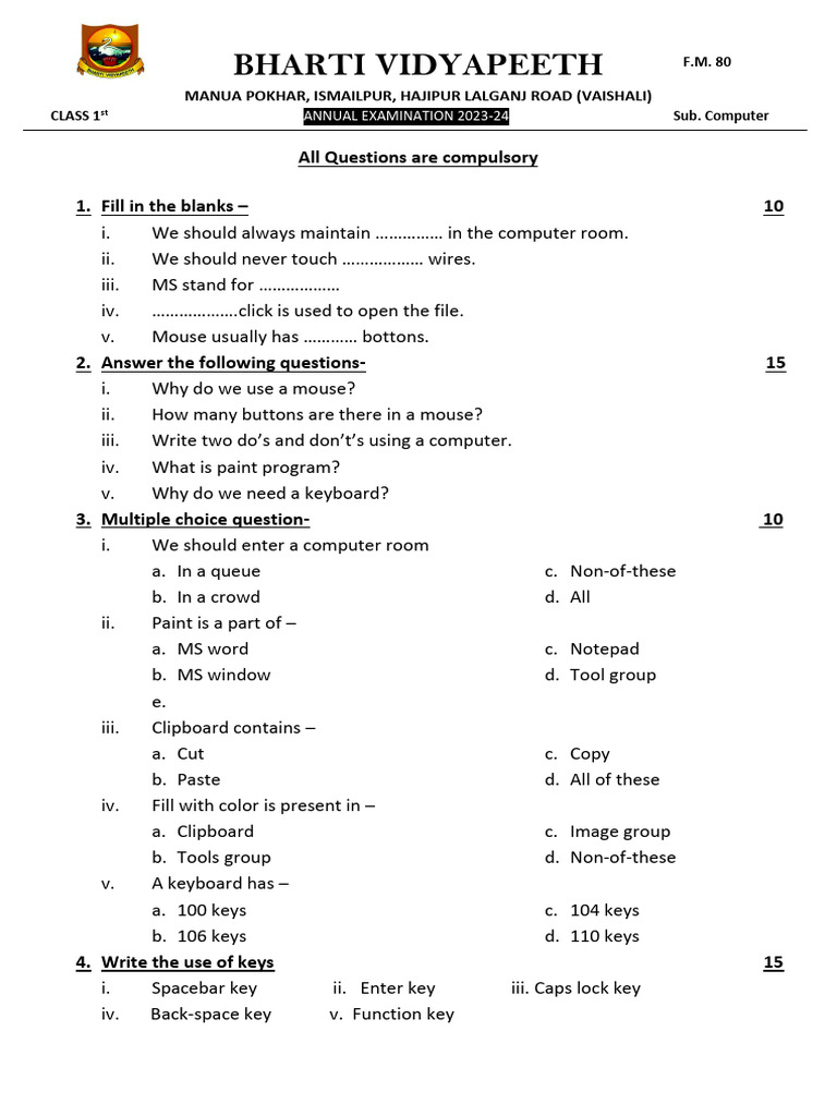 Class 1 Computer Exam Paper 2023-24 | PDF