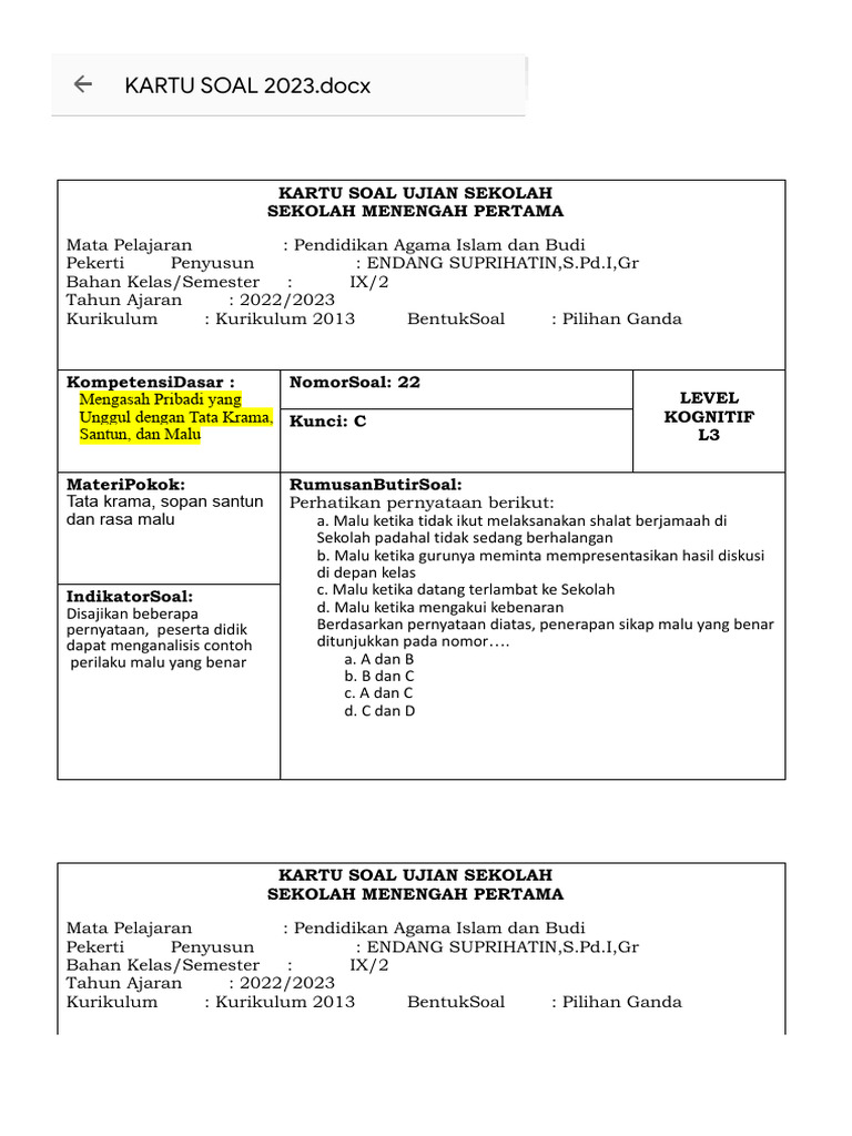 Kartu Soal 2023 | PDF